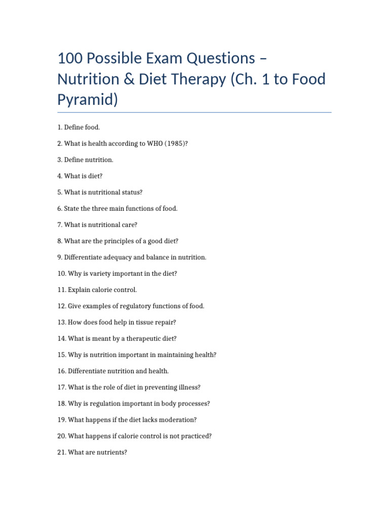 100 Nutrition Exam Questions Guide | PDF | Malnutrition | Nutrition