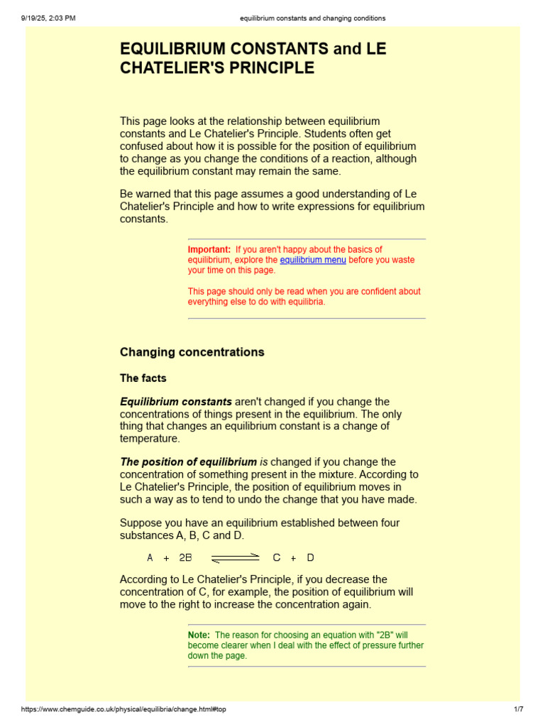 Equilibrium Constants and Changing Conditions | PDF | Chemical ...