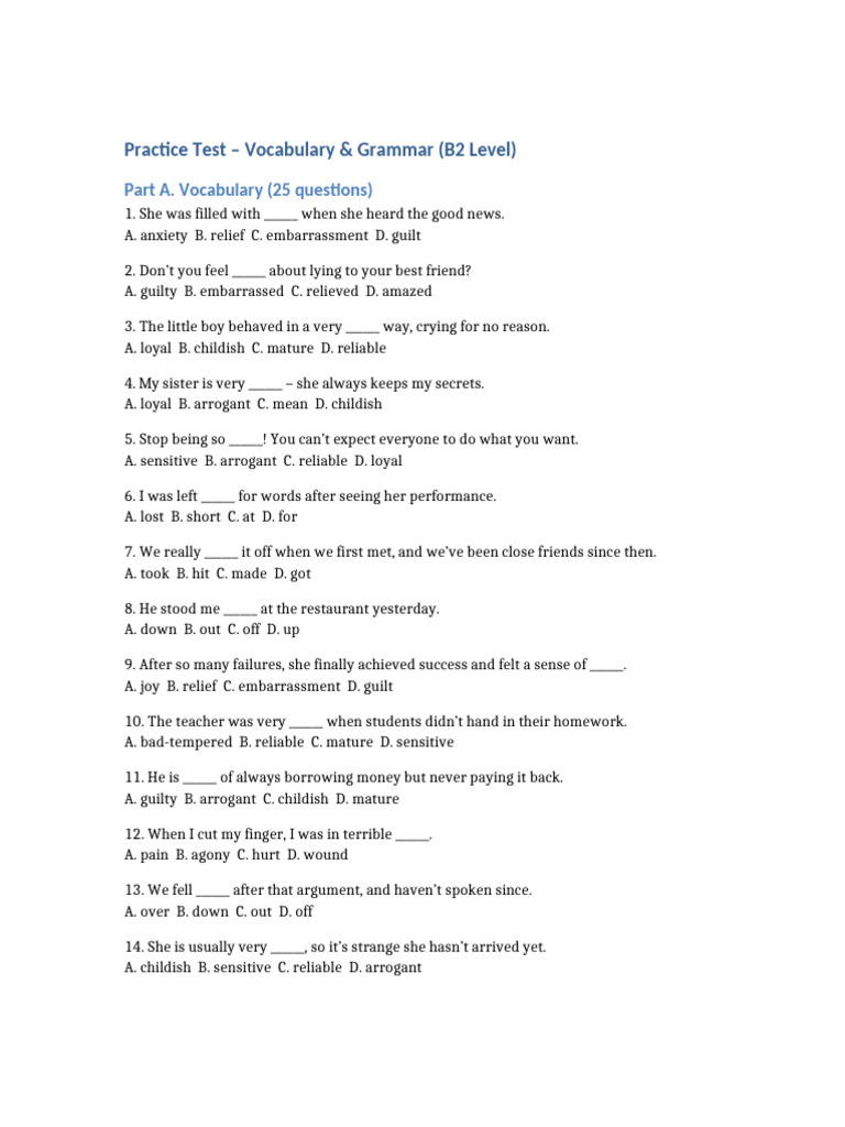 B2 Vocabulary & Grammar Practice Test | PDF