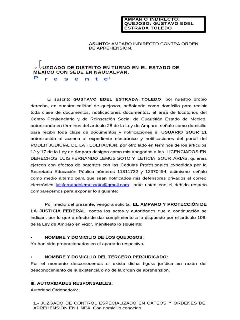 Amparo Orden de Aprehensión GUS | PDF | Caso de ley | Constitución