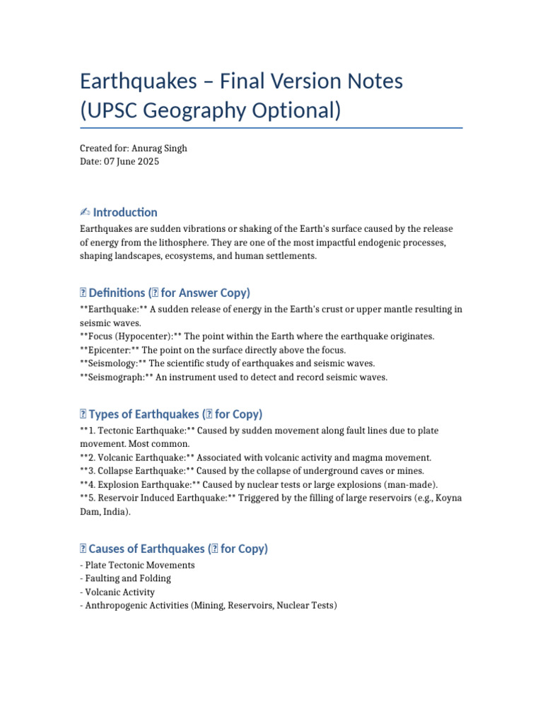 UPSC Earthquake Study Notes | PDF | Earthquakes | Seismology