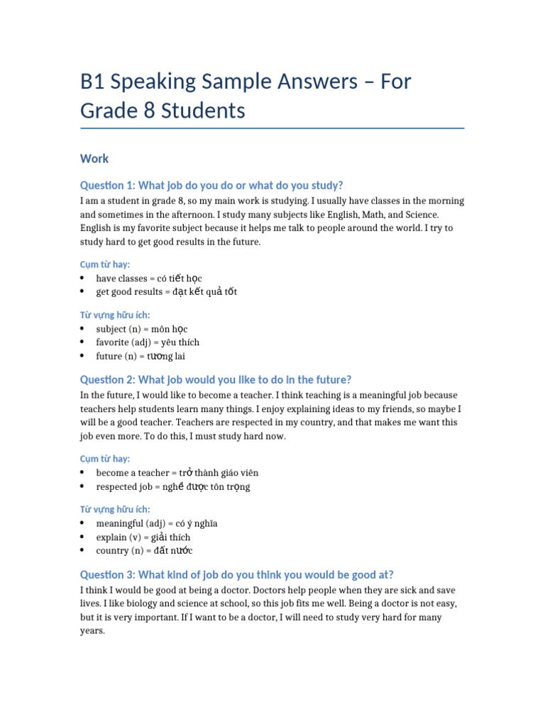 B1 Speaking Sample Answers for Students | PDF