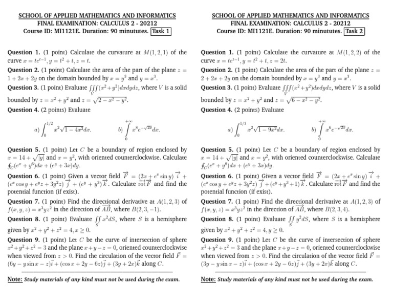 Final MI1121E De12 | PDF | Multivariable Calculus | Mathematical Concepts