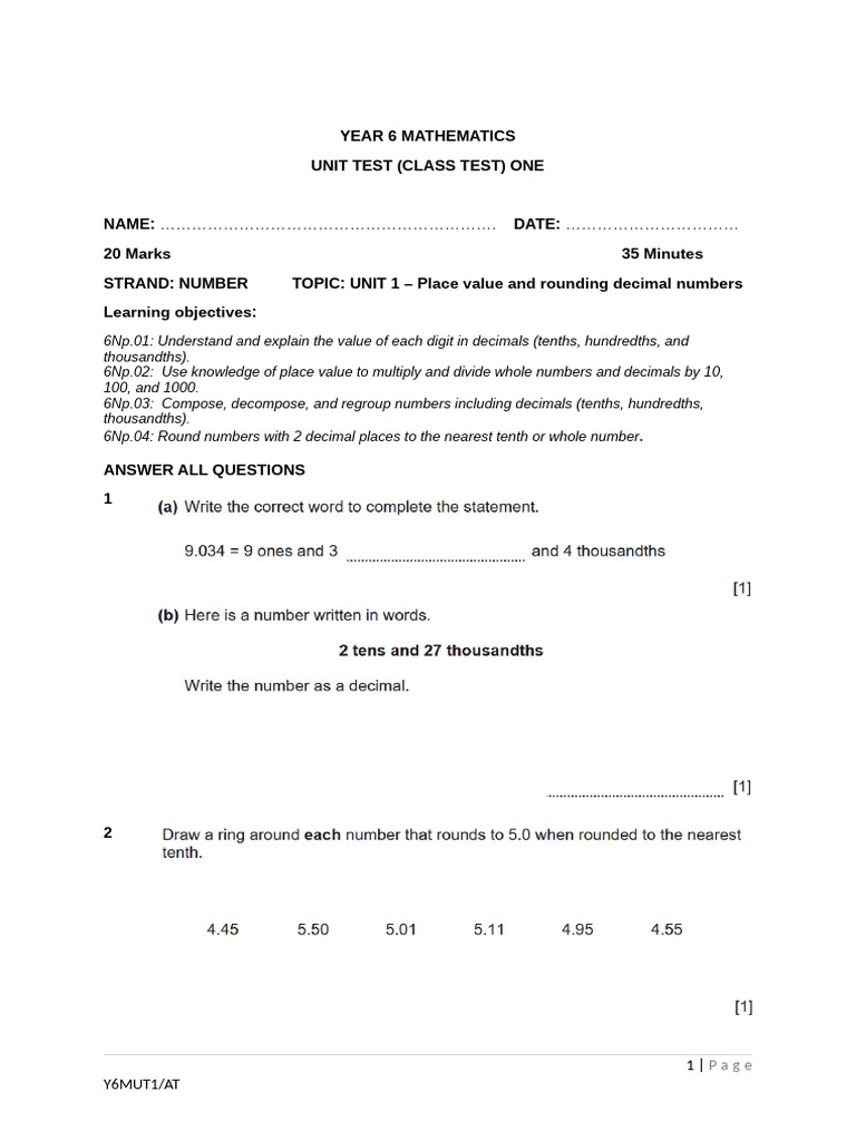 Year 6 Math Unit Test: Decimals | PDF