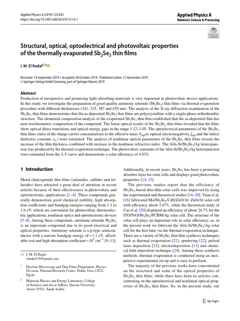 Structural, Optical, Optoelectrical and Photovoltaic Properties | PDF ...