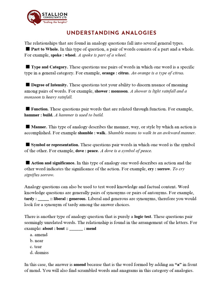 Types of Analogy Questions Explained | PDF | Analogy