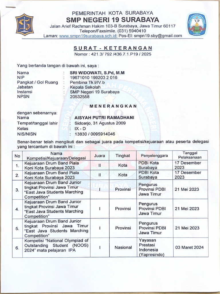 Surat Keterangan Prestasi - Aisyah Putri Ramadhani | PDF