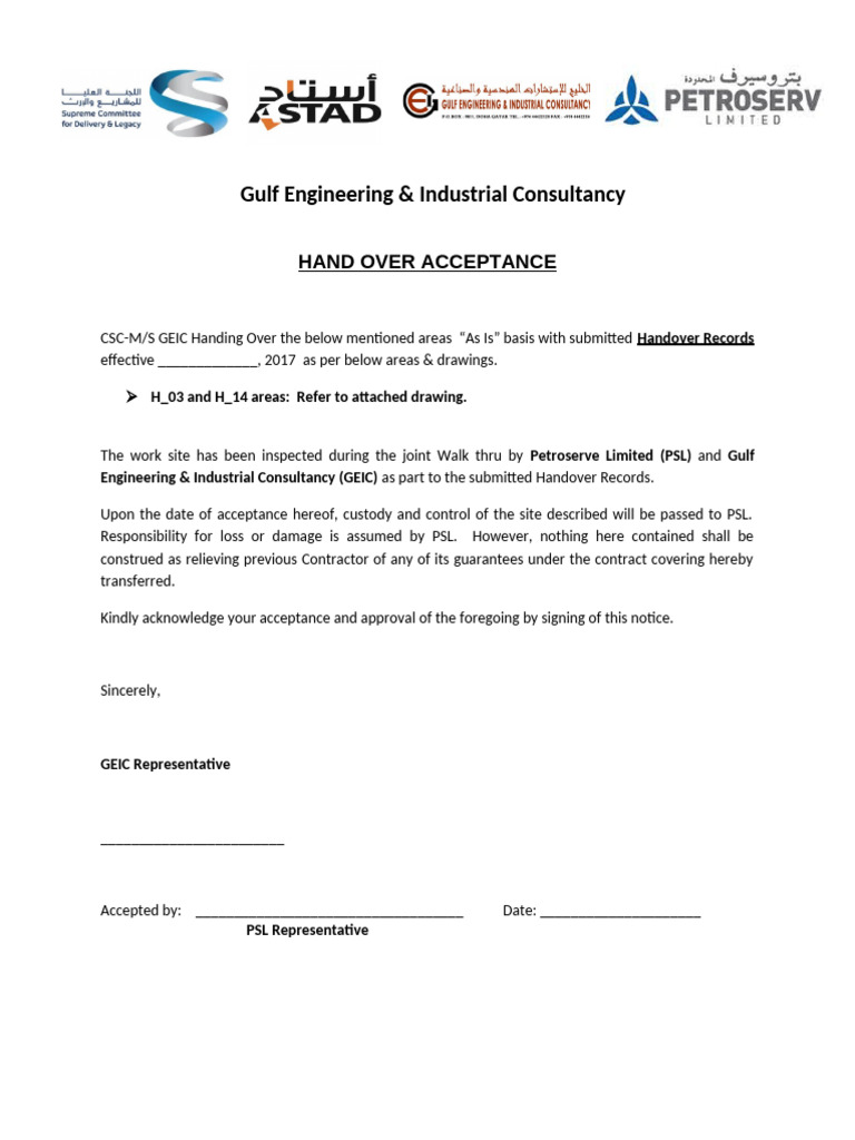 Handover Acceptance Agreement Document | PDF