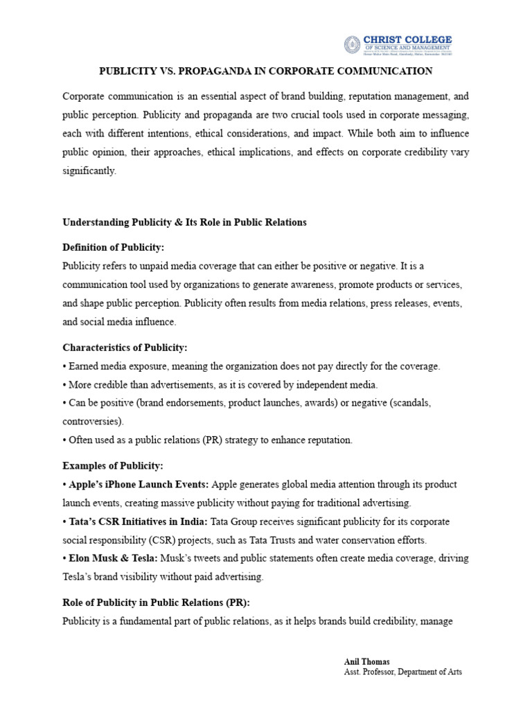 Publicity vs. Propaganda in Corporate Communication | PDF | Public ...