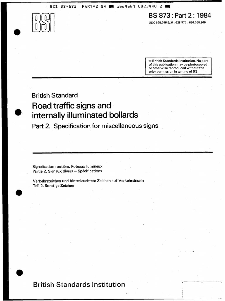 BS 873 Part 2: 1984 Traffic Sign Standards | PDF | Camera Lens ...
