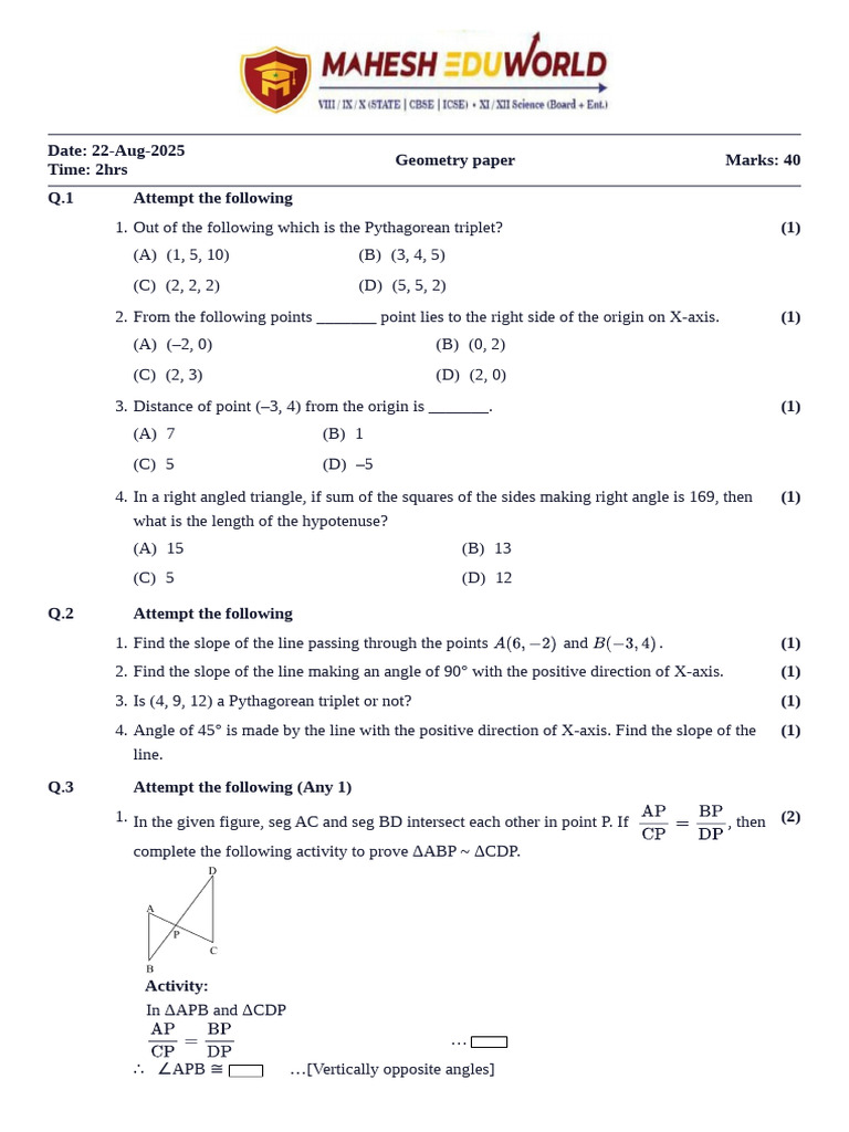 Geometry Exam Paper with Questions | PDF | Triangle | Triangle Geometry