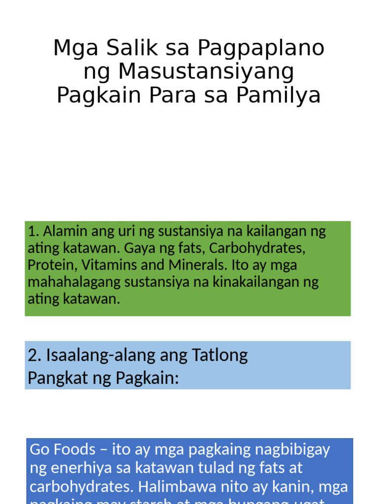 Mga Salik Sa Pagpaplano NG Masustansiyang Pagkain | PDF
