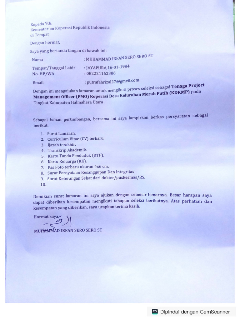 Surat Lamaran Muhammad Irfan | PDF