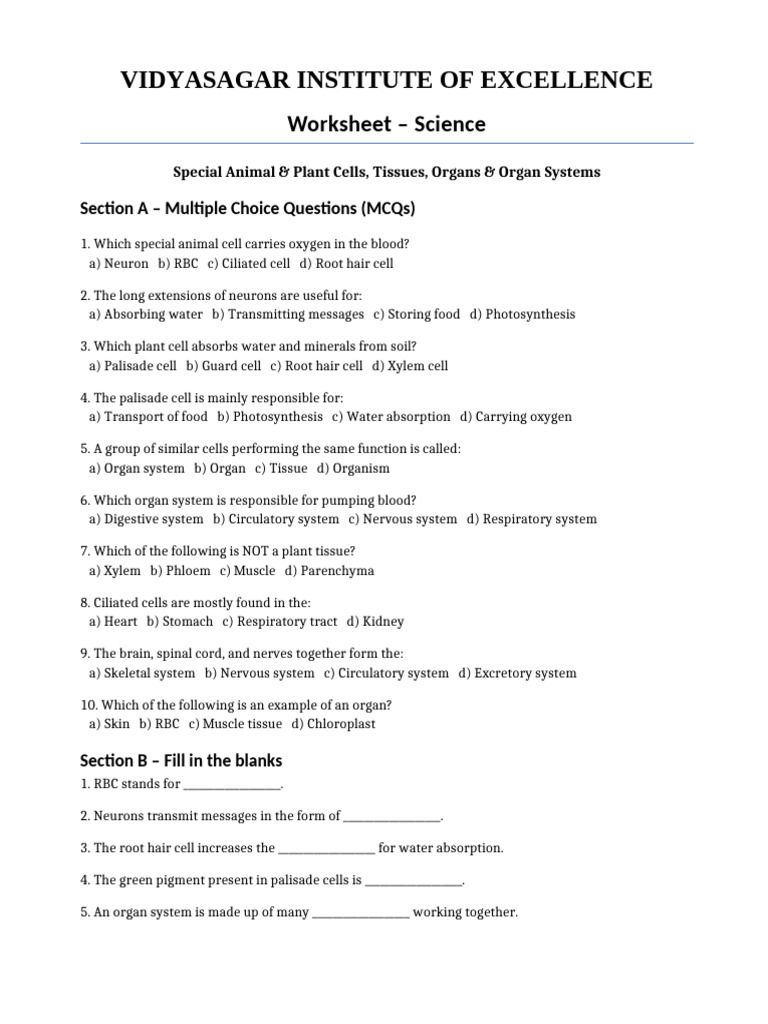 Class6 Science Worksheet | PDF | Tissue (Biology) | Anatomy