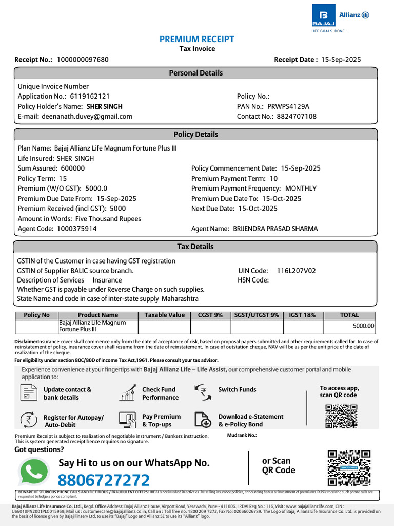 Premium Receipt: Say Hi To Us On Our Whatsapp No | PDF | Insurance ...