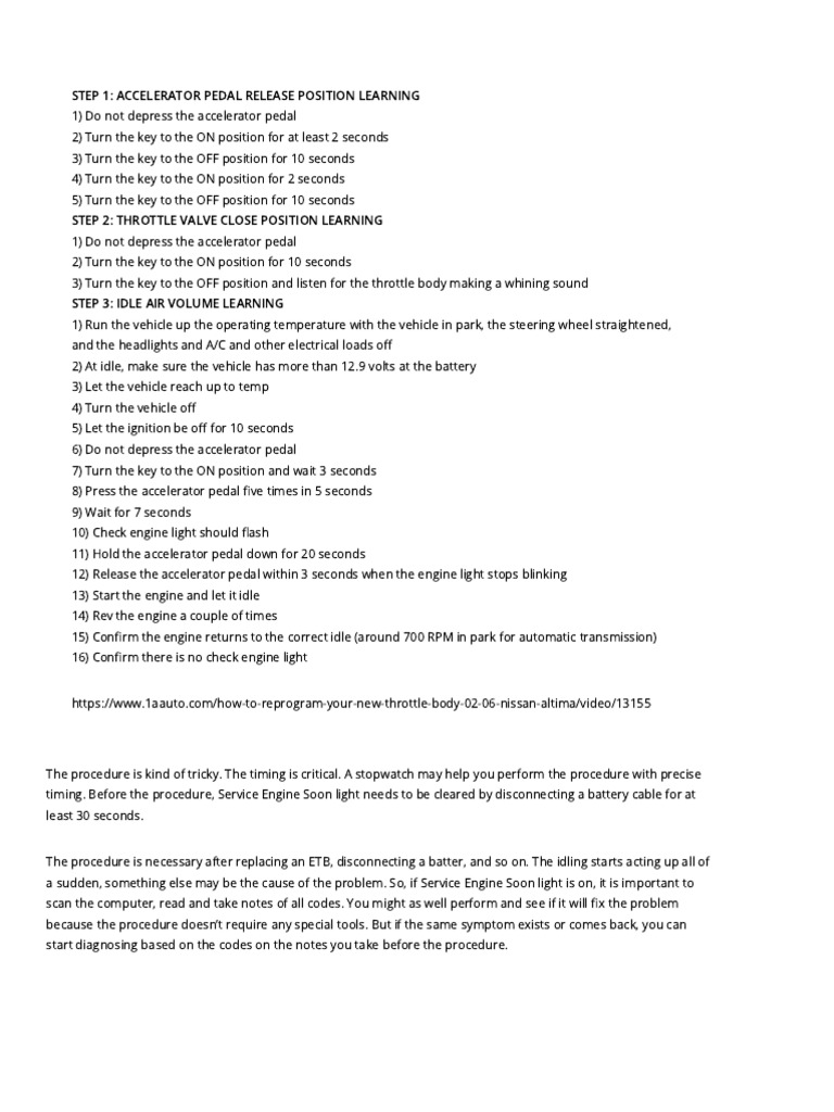 Nissan Idle Relearn Procedure - Online Car Repair Manuals | PDF