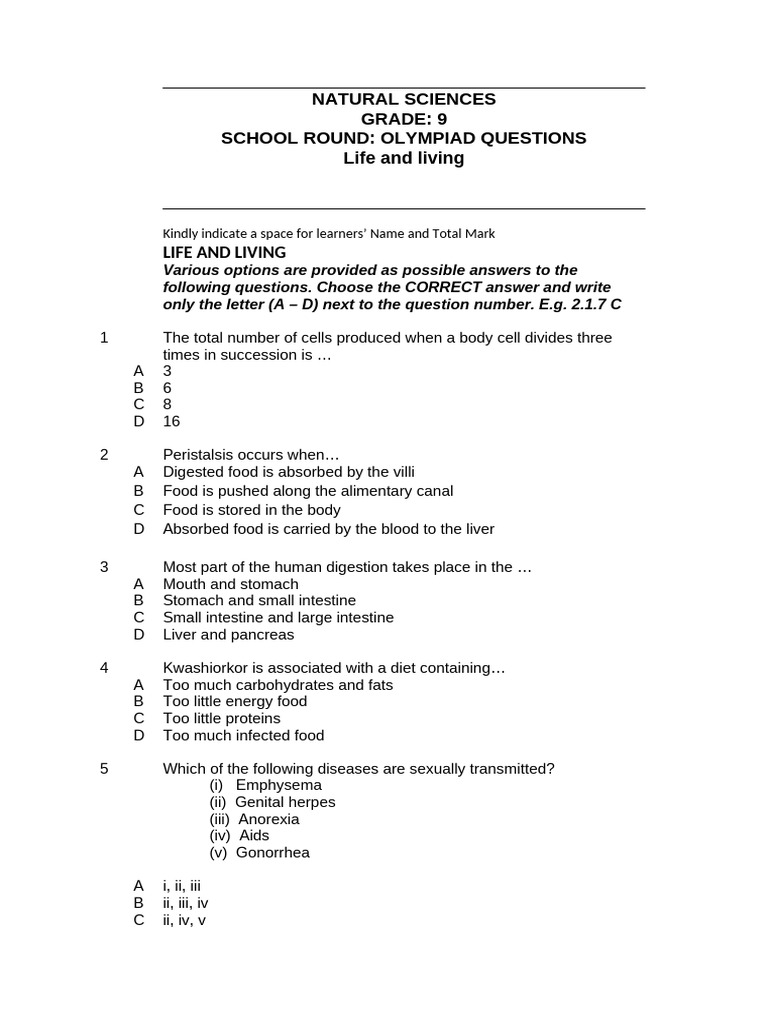 Grade 9 Natural Sciences Olympiad Questions | PDF | Digestion | Human Body