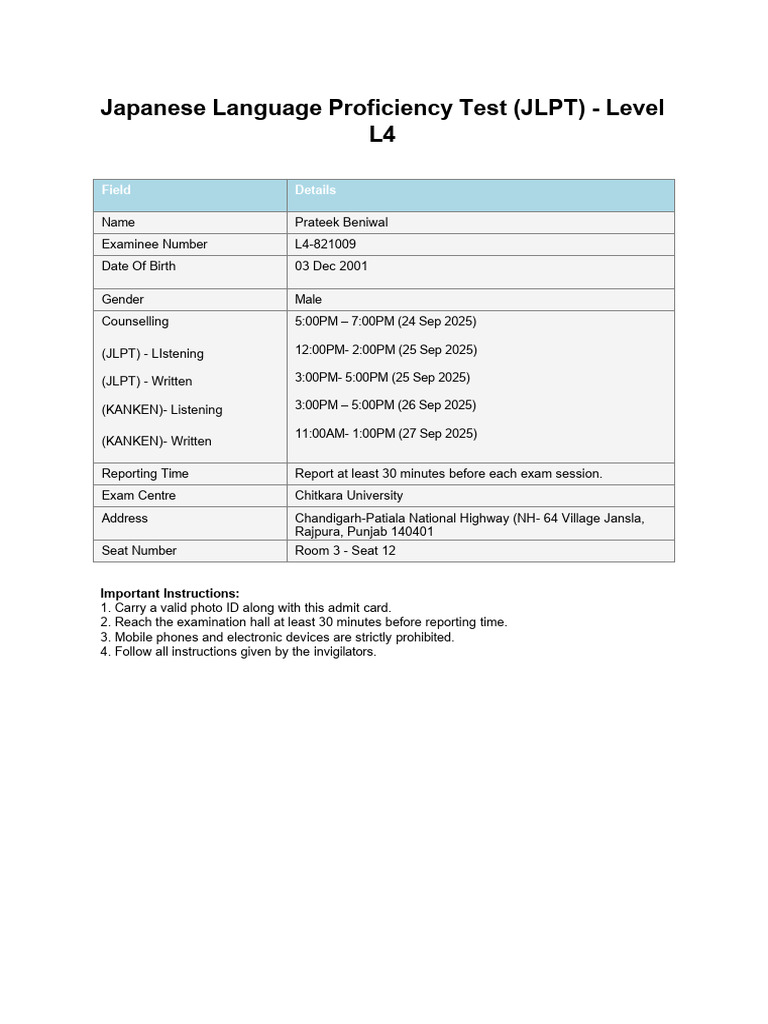 JLPT L4 Admit Card | PDF
