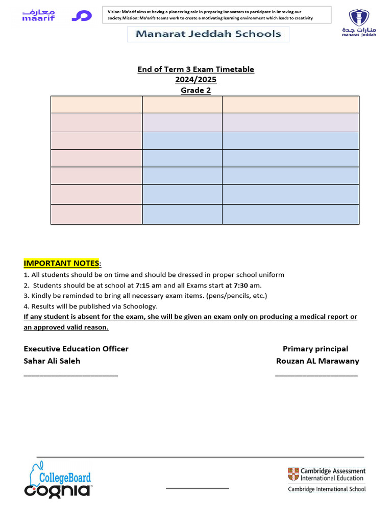 G 2 Term 3 Exam Timetable Final | PDF