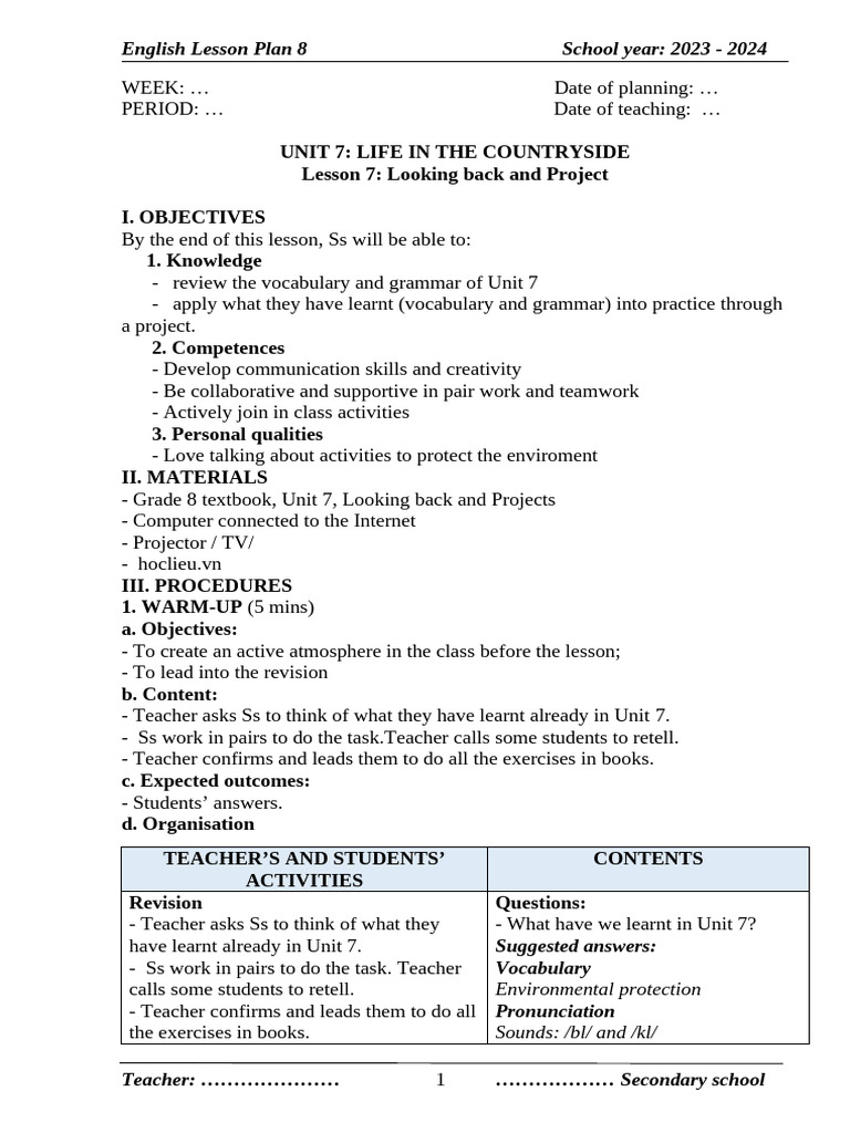 Grade 8 English Lesson Plan: Unit 7 Review | PDF | Teachers | Lesson Plan