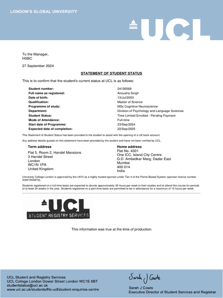 UCL Student Status Confirmation Letter | PDF | Behavioural Sciences ...