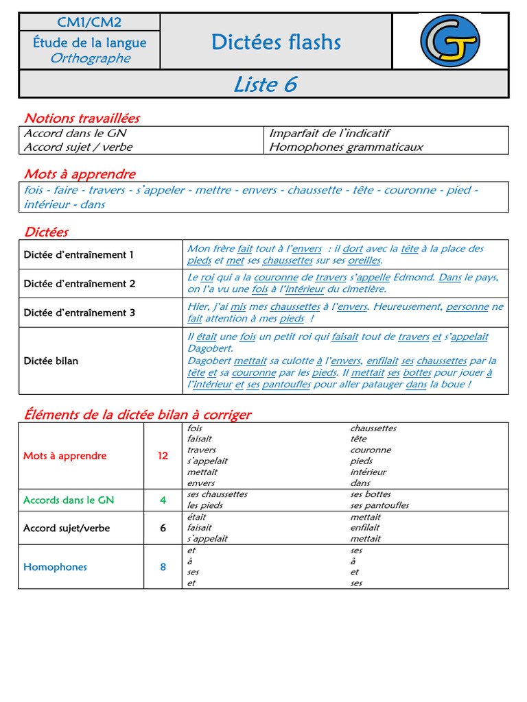 Dictées flash CM1/CM2 - Liste 6 | PDF | Verbe | Dictionnaire