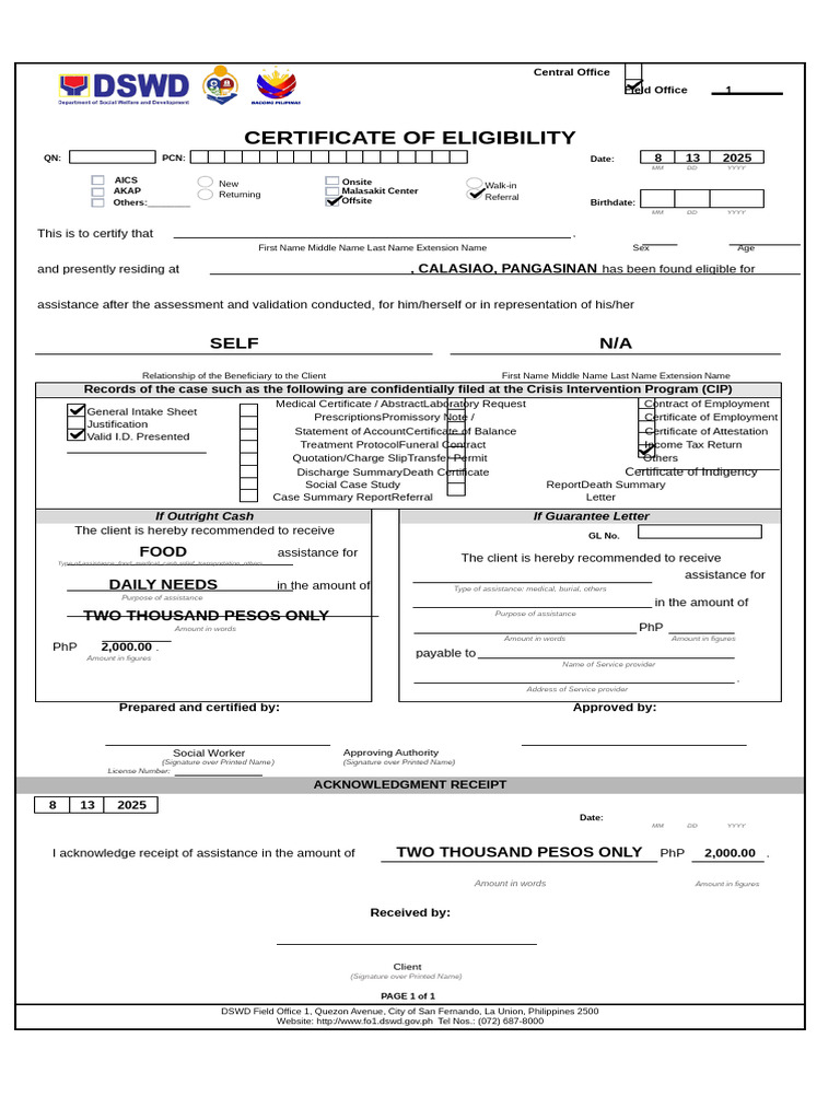 Certificate of Eligibility for Assistance | PDF