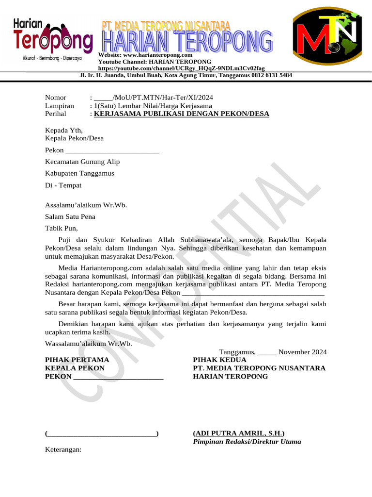 Contoh MoU Dengan Pekon (Harian Teropong) | PDF