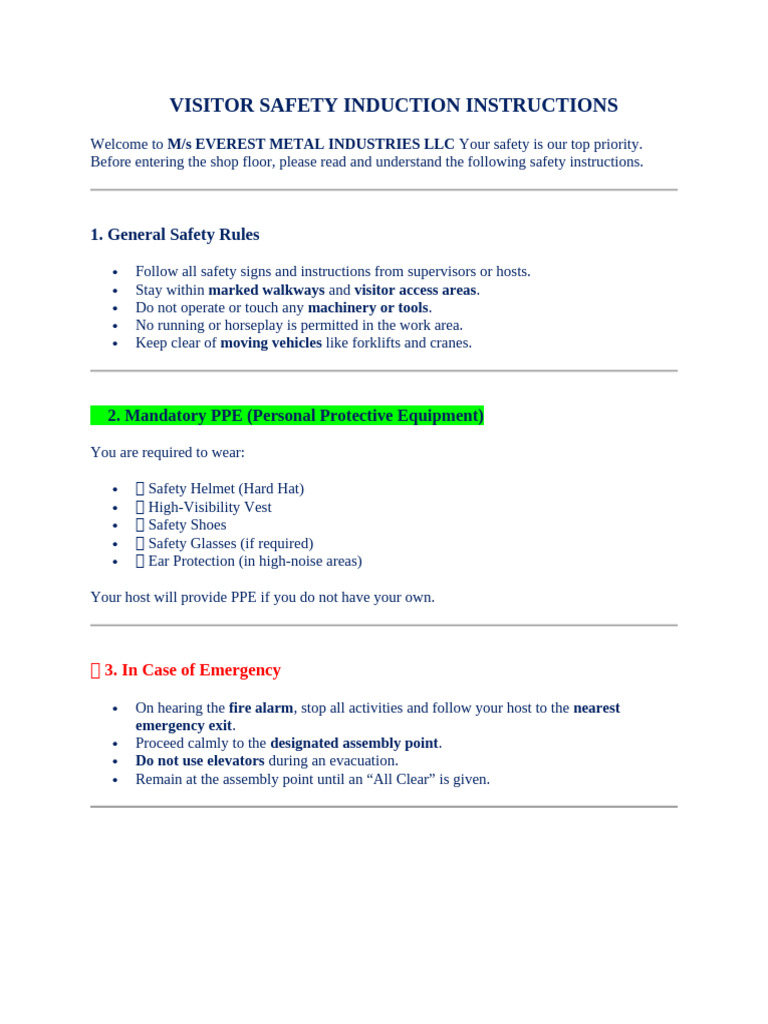 Visitor Safety Induction Guidelines | PDF