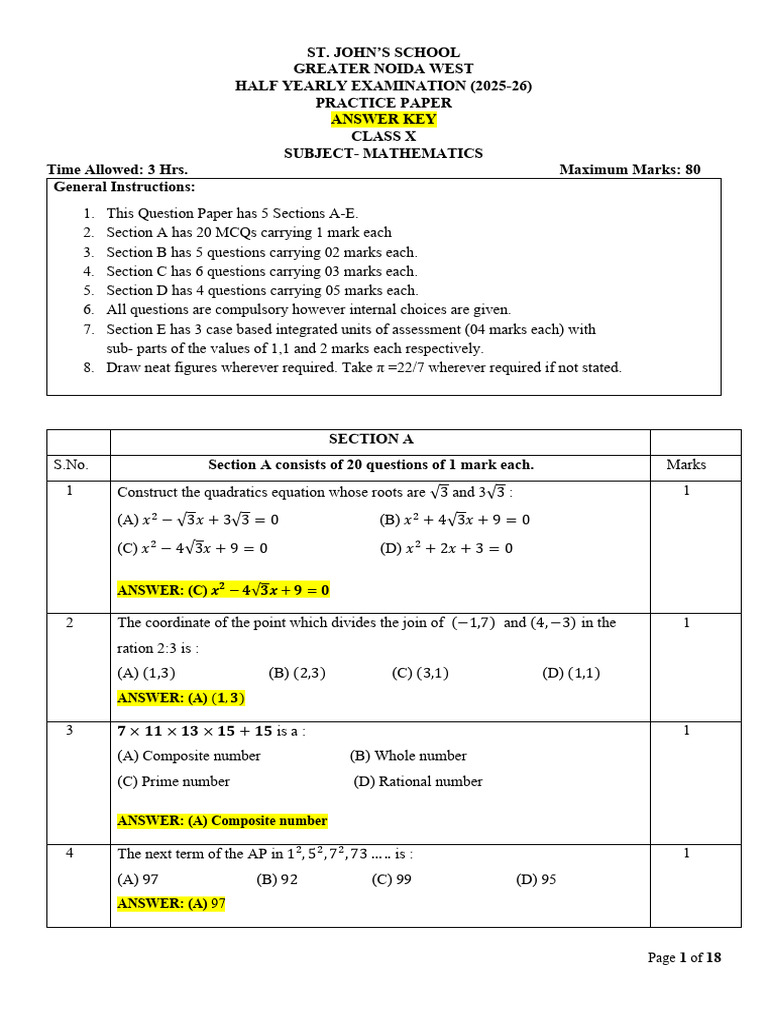 Class X Math Half-Yearly Exam Key | PDF | Triangle | Mathematics