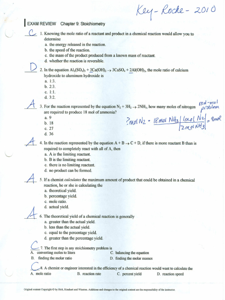 Stoich Test Review Key0001 | PDF