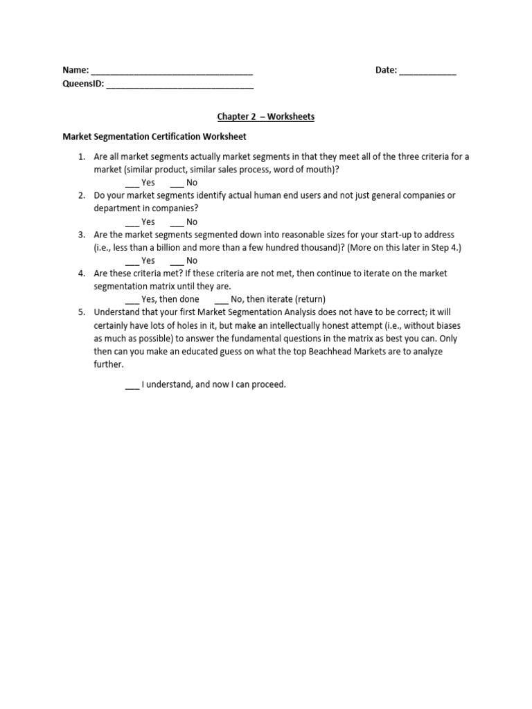 Market Segmentation Certification Worksheet | PDF