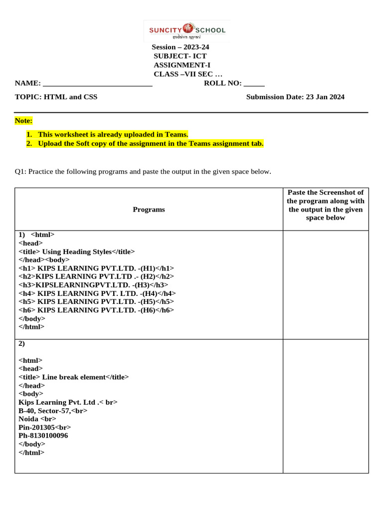 Grade VII - HTML and CSS Worksheet-1 | PDF