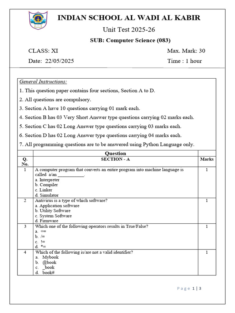 9714035-Class XI - CS-UT1-2025-26 | PDF | Software Development | Computer Engineering