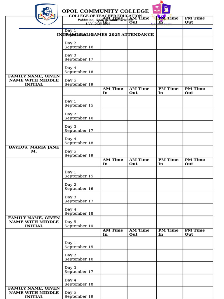Opol College Intramural Games 2025 Attendance | PDF