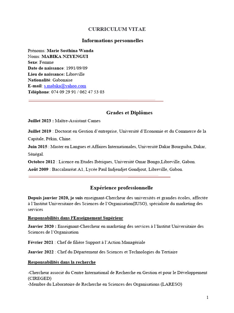 CV de Marie Sosthina Wanda MABIKA NZYENGUI | PDF | Université | Études ...