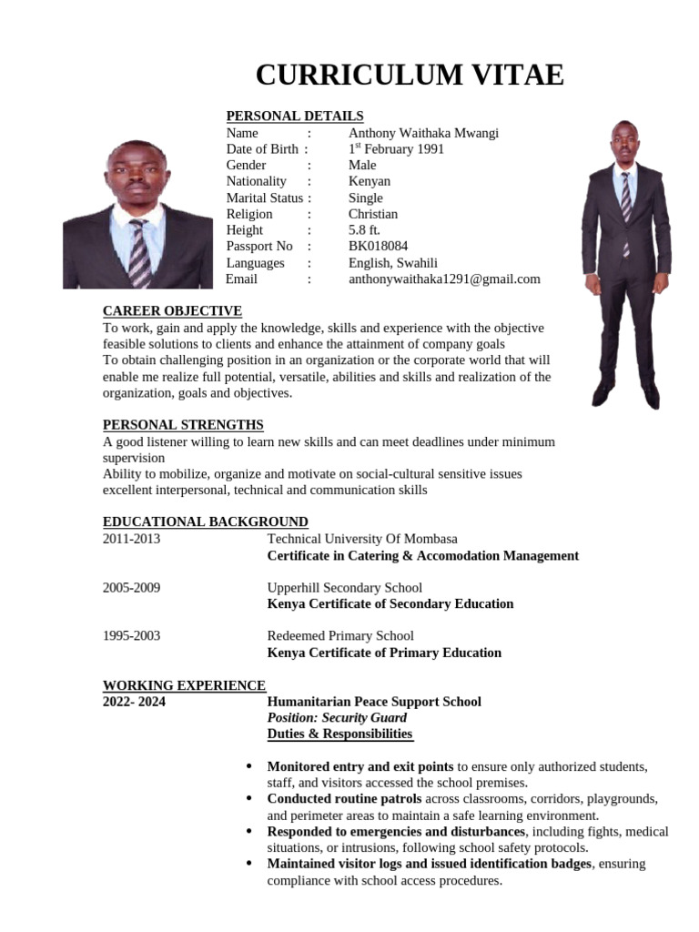 Anthony Waithaka Mwangi - Security Guard | PDF | Schools | Security Guard