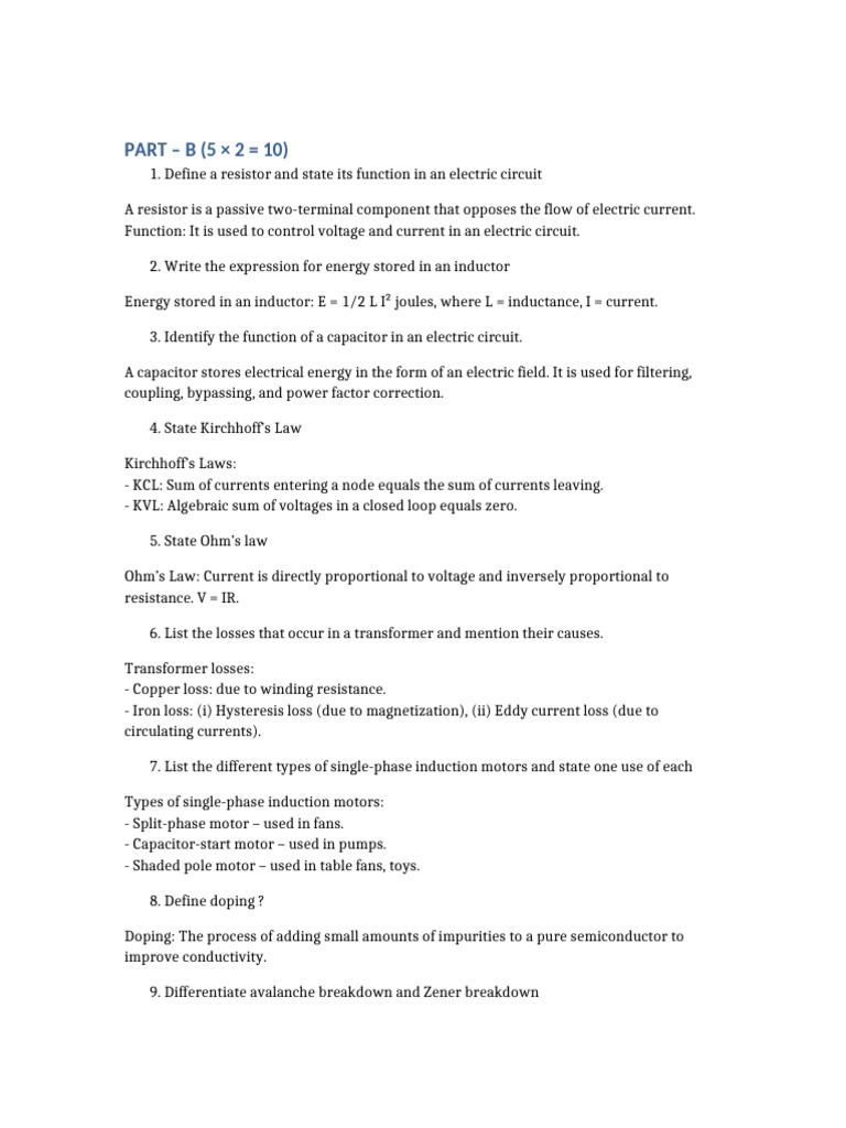 Beee - Important Questions For t1 | PDF | P–N Junction | Electric Current
