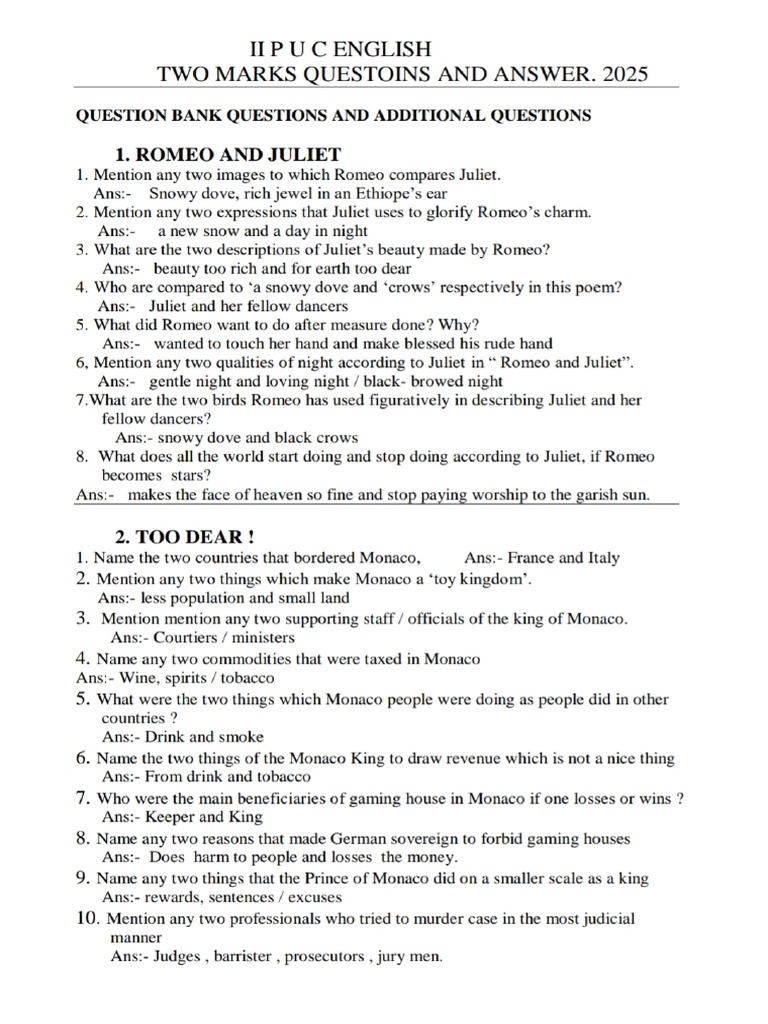 2nd PUC English 2 Marks Q&A | PDF