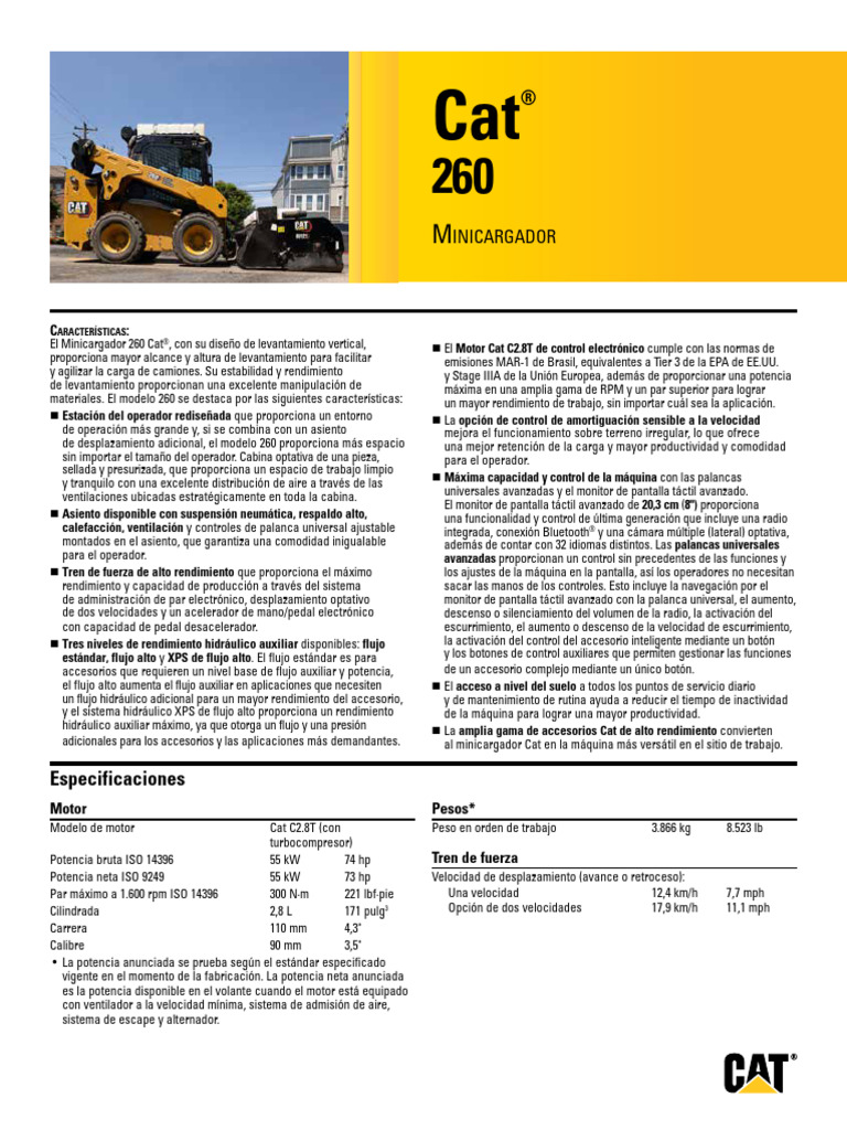 Minicargador Cat 260: Potencia y Versatilidad | PDF | Ingeniería mecánica