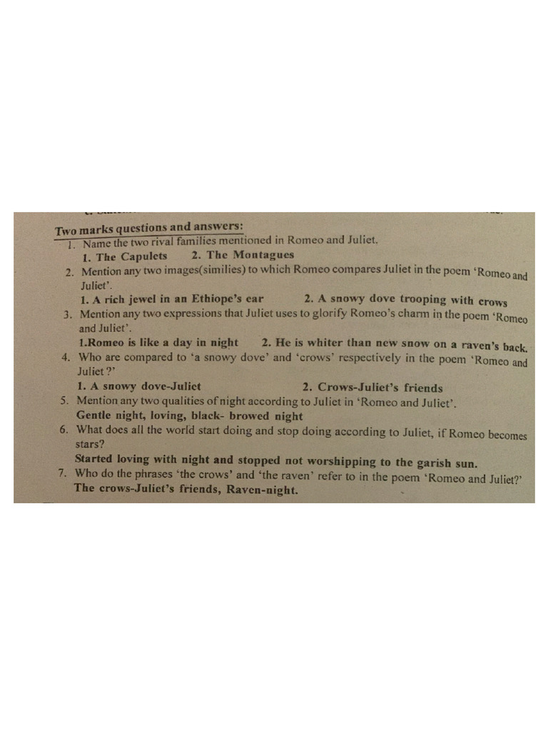 English 2 Marks Questions and Answers in Romeo | PDF