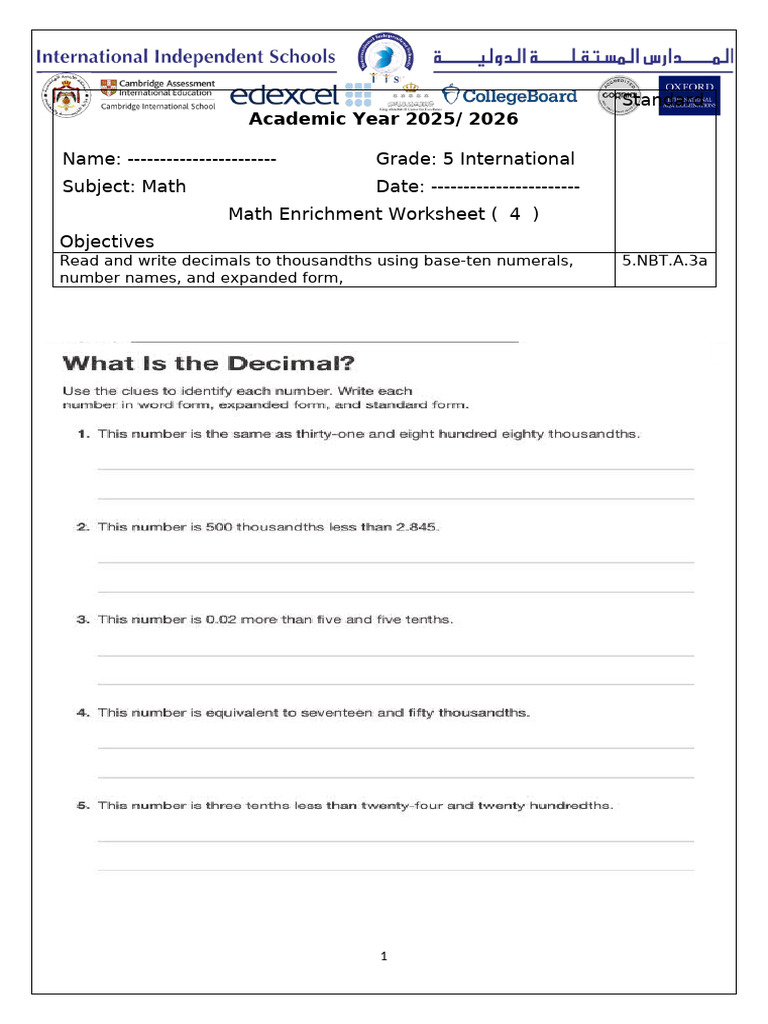 Enrichment Worksheet #4 2024-2025 GR 5 | PDF
