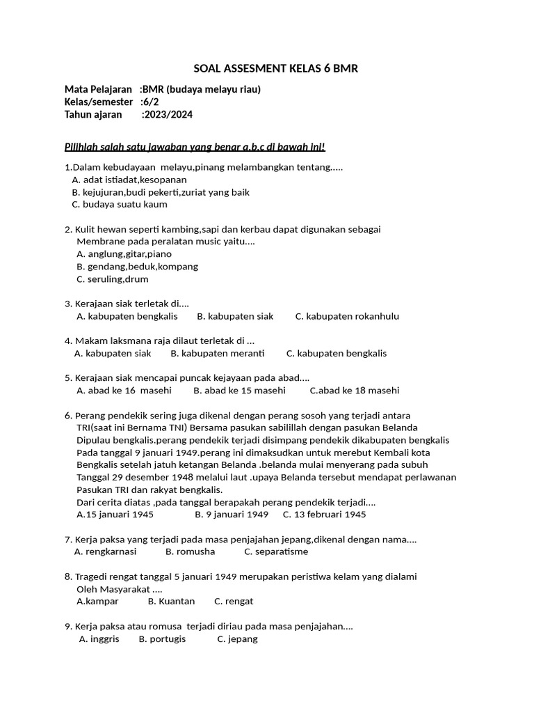 Soal Assesment Kelas 6 BMR | PDF