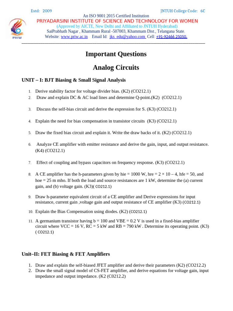 Important Analog Circuits Questions | PDF | Amplifier | Electronic ...