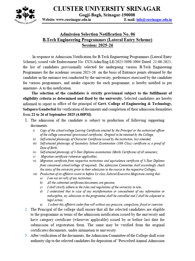 B.Tech Lateral Entry Admission List 2025-26 | PDF | University And ...