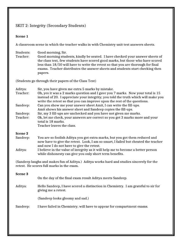 SKIT 2 Value of Integrity | PDF