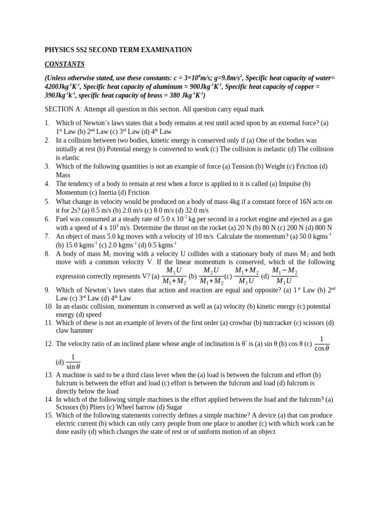 Physics SS2 Second Term Exam Questions | PDF | Heat | Temperature