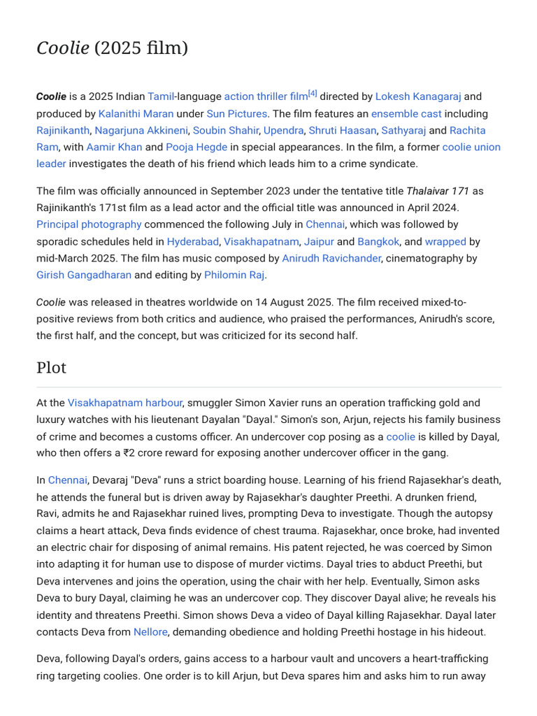 Coolie (2025 Film) - Wikipedia | PDF