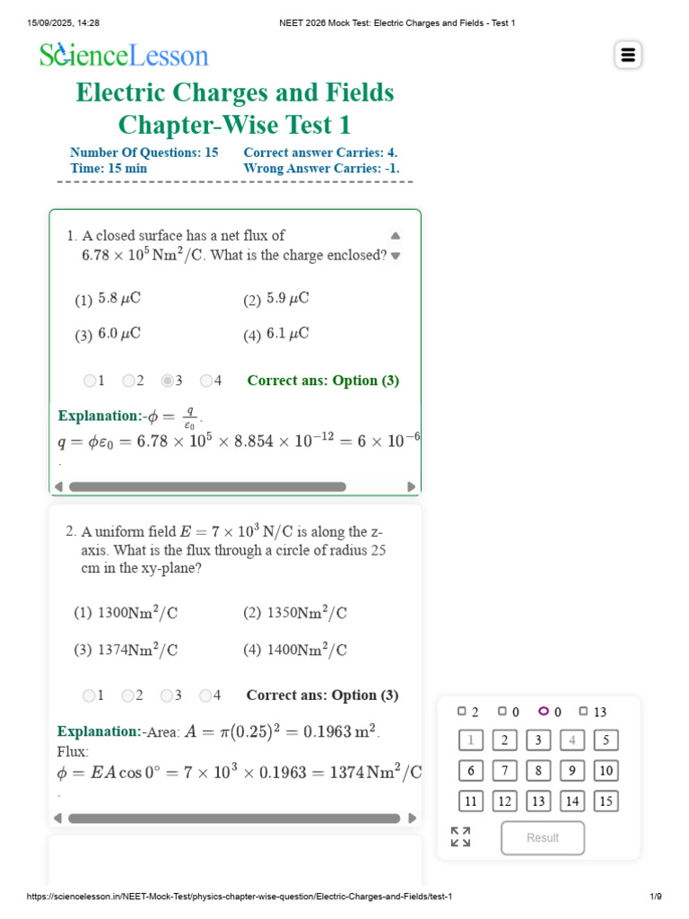 Electric Charges and Fields Mock Test | PDF | Chemistry | Gases