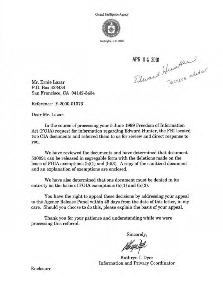 CIA FOIA Response on Edward Hunter | PDF | Freedom Of Information Act ...